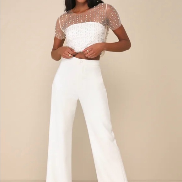 Lulus | Tops | Sparkle Beige Sheer Mesh Pearl Rhinestone Crop Top ...